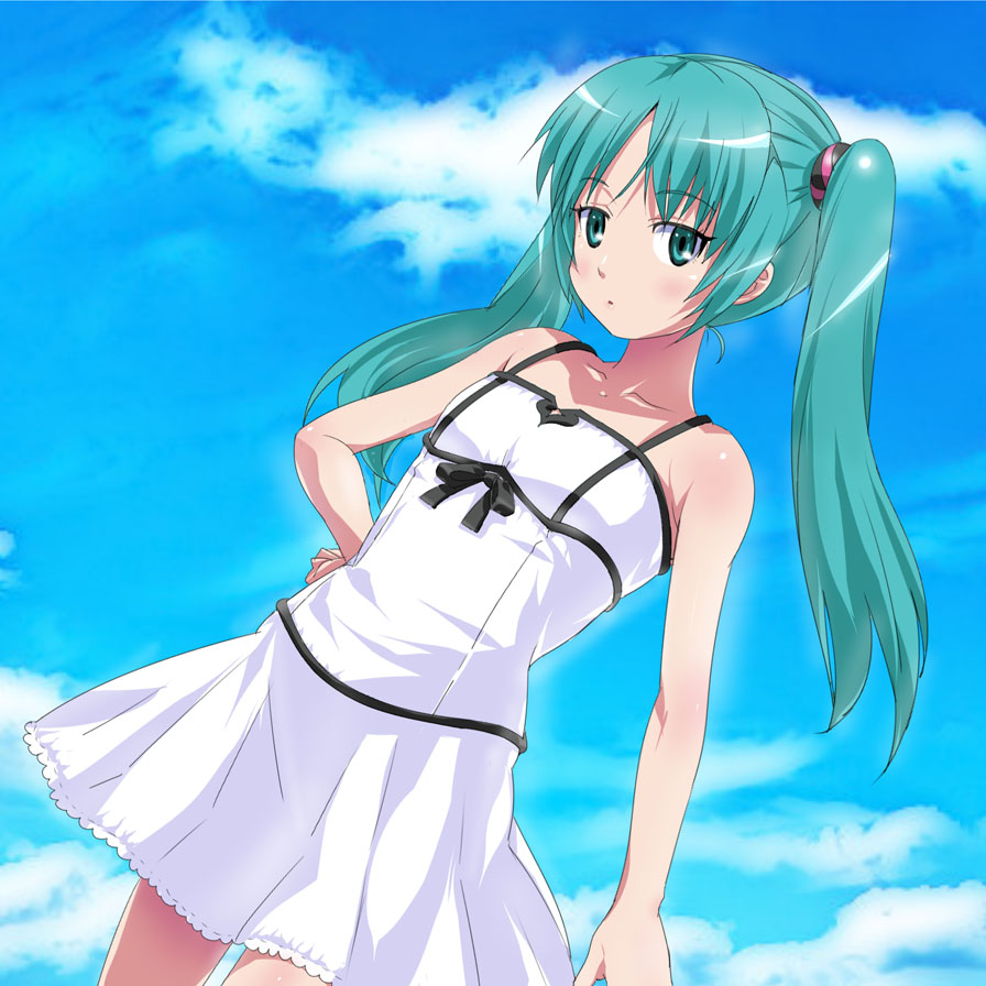 Safebooru - aqua eyes aqua hair cloud dress hand on hip hatsune miku ...