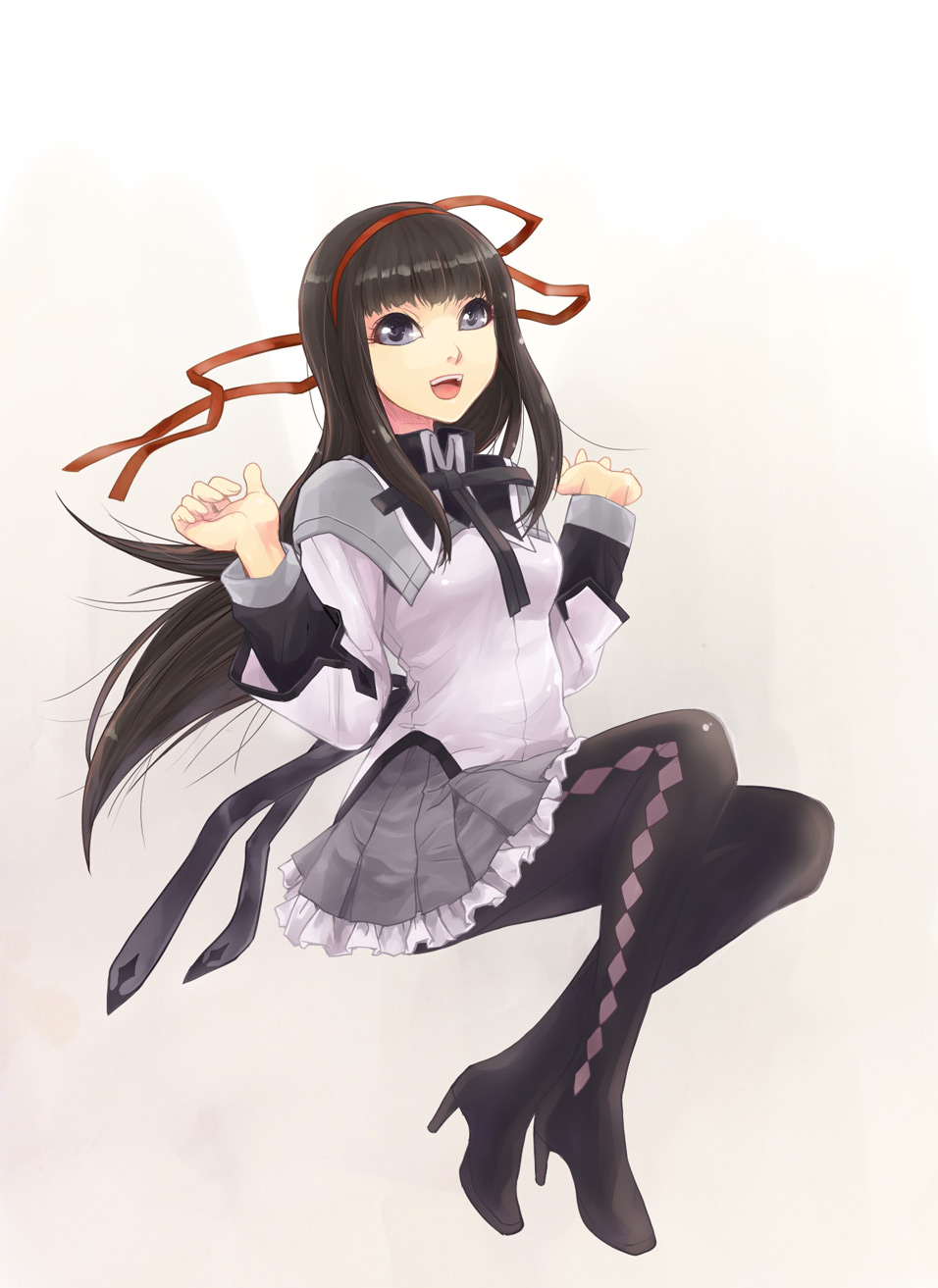 Safebooru - akemi homura argyle argyle legwear black hair black legwear hair ribbon high heels ...