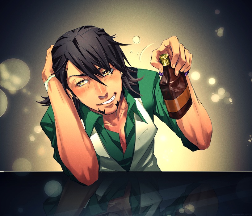 Safebooru - alcohol bottle brown eyes brown hair drunk facial hair ...