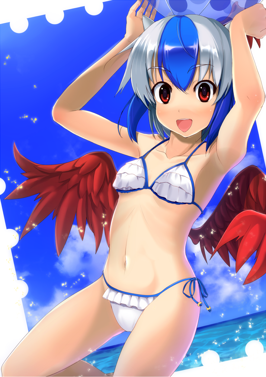 Safebooru - abs armpits ball beachball bikini blue hair cloud flat chest frilled bikini frills ...