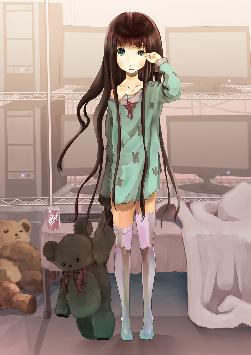 Safebooru - bear print black hair blue eyes computer dr pepper highres ...