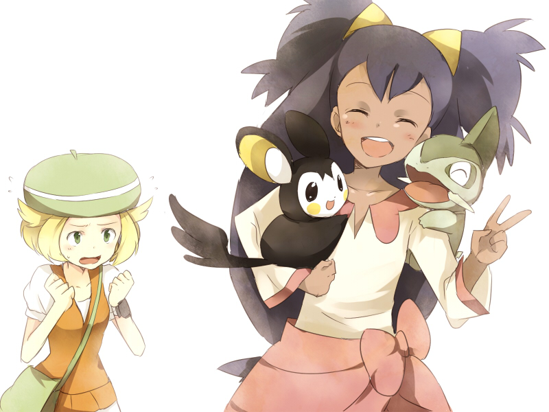 Safebooru - 2girls ^ ^ axew bel (pokemon) bell (pokemon) beret black ...