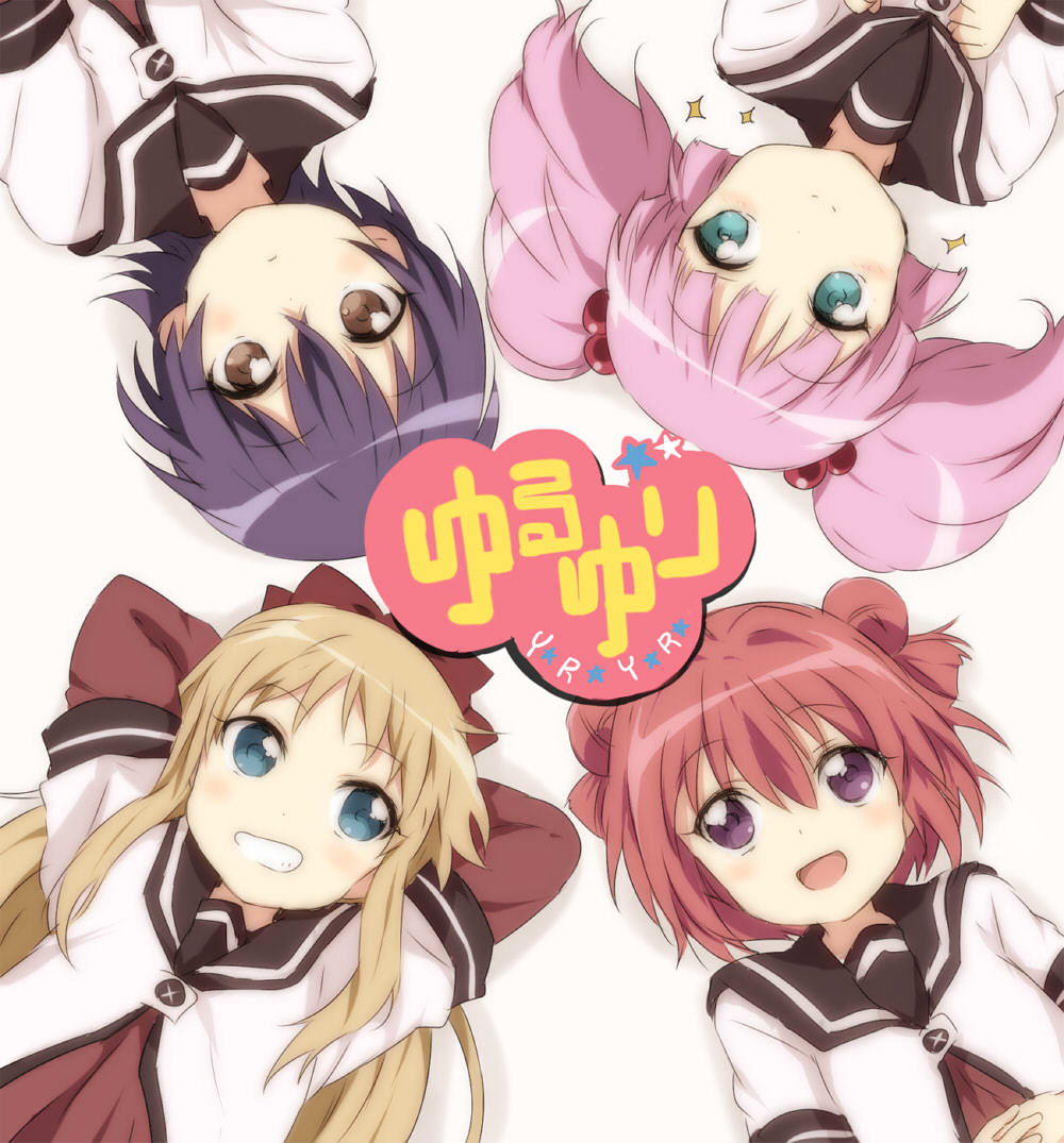 Safebooru - akaza akari arms behind head arms up black hair blonde hair blue eyes blush bow ...