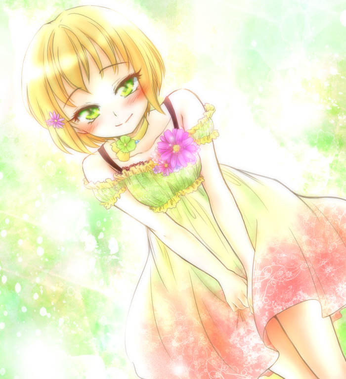 Safebooru - bent over blonde hair chibalila1367 dress dutch angle green ...