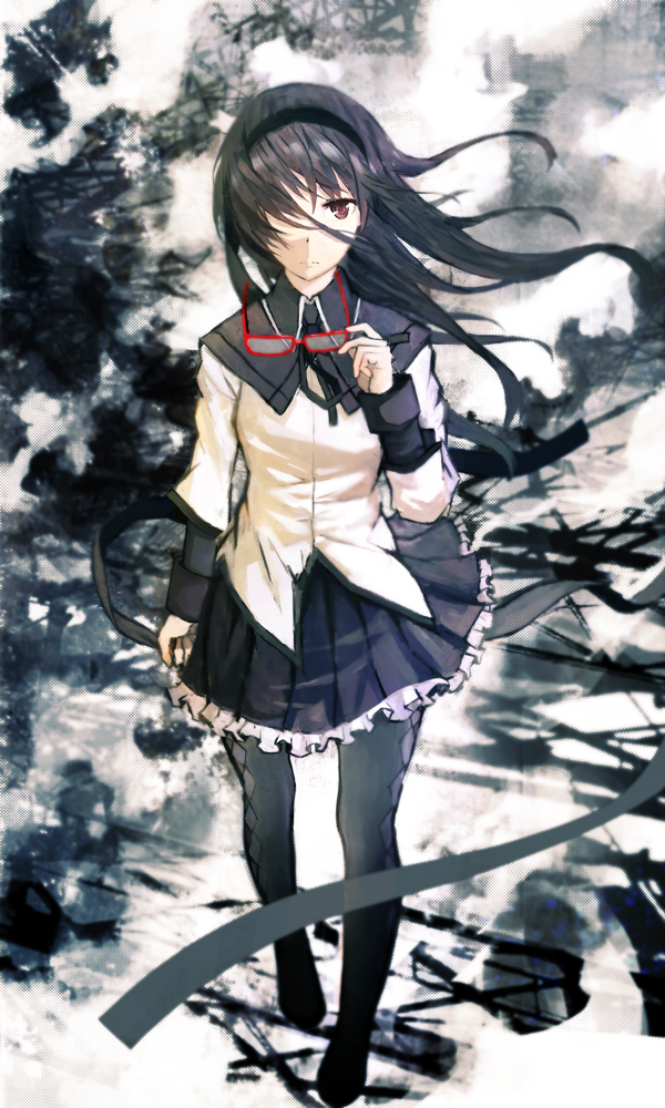 Safebooru - 1girl akemi homura argyle argyle legwear bad id black hair black legwear glasses ...