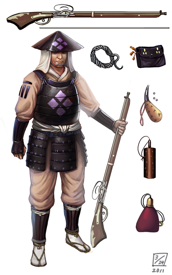 Safebooru - 1boy armor arquebus bag copyright request gloves gun hat ...