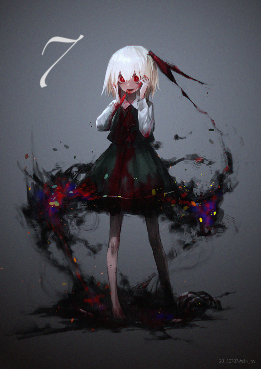 Safebooru - 1girl :d blonde hair blood blood on face bloody clothes bloody hands darkness hair ...