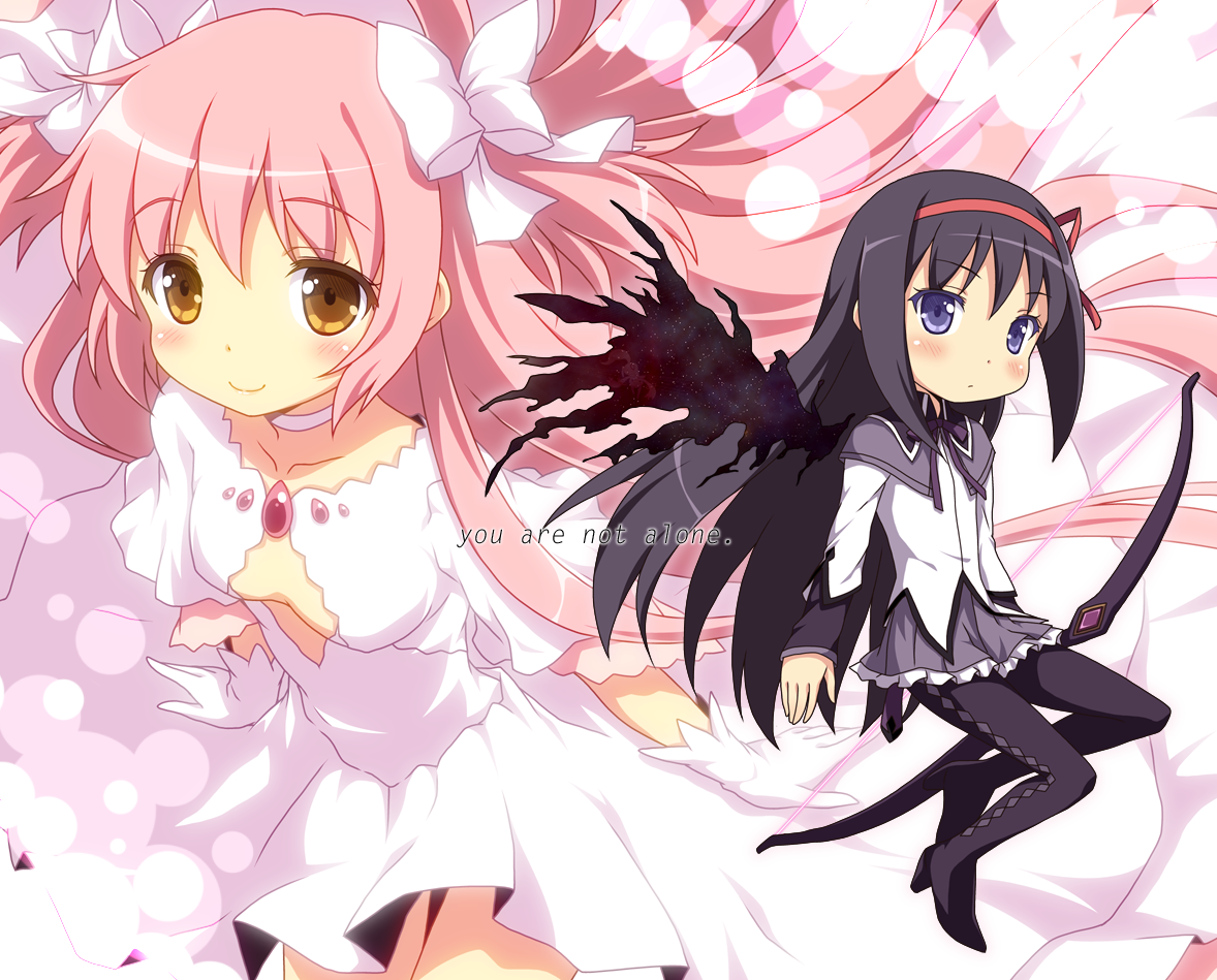 Safebooru - akemi homura black hair bow bow (weapon) chibi dress english gloves goddess madoka ...