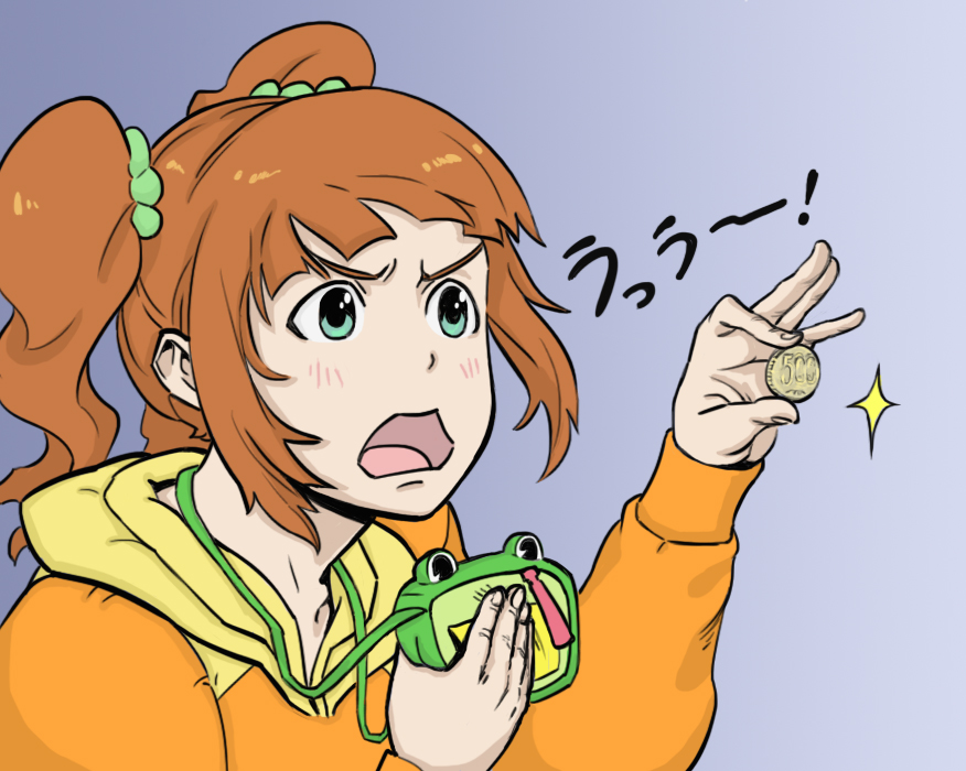 Safebooru - bag bb (baalbuddy) blush brown hair coin drawfag face green ...