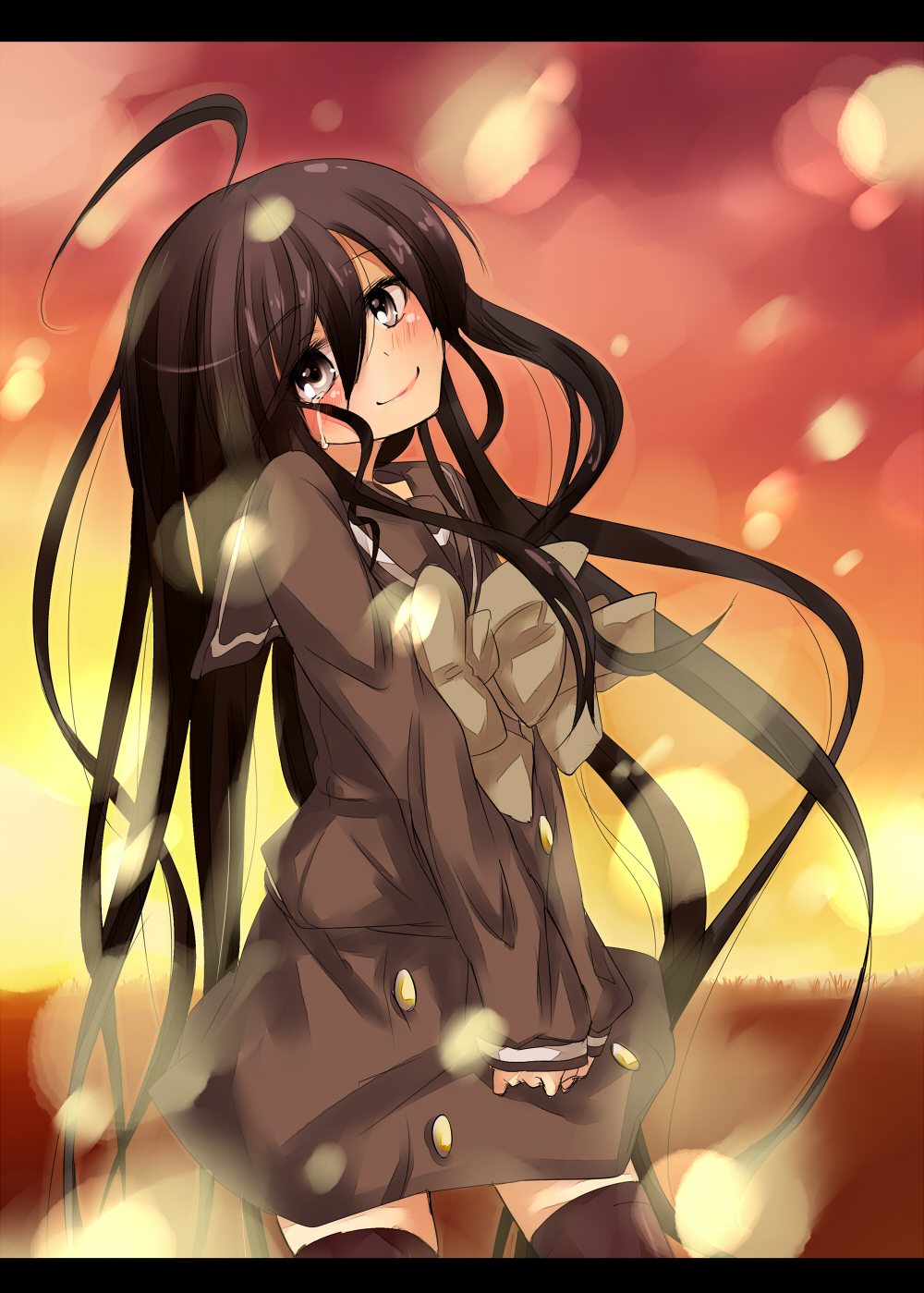 Safebooru - ahoge black hair blush brown eyes embers head tilt highres ...