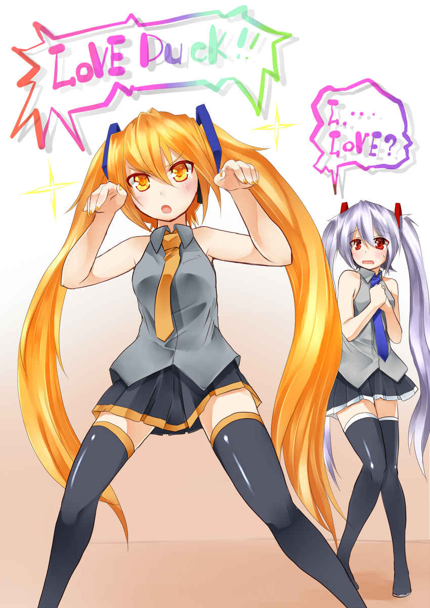 Safebooru - 2girls akita neru alternate hairstyle bare shoulders blonde hair boots cosplay ...