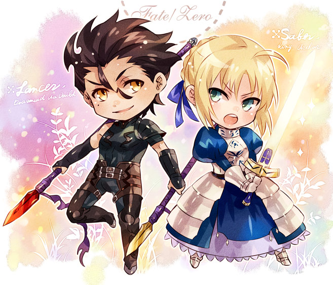 Safebooru - ahoge armor black hair blonde hair chibi excalibur fate ...