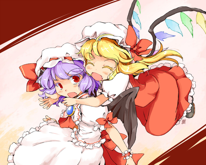 Safebooru - ascot bat wings blonde hair blue hair brooch fang flandre scarlet glomp hat hug ...