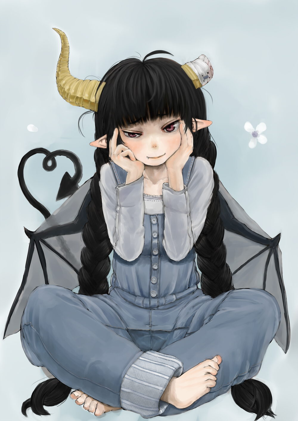 Safebooru - bandage barefoot black hair blush braid broken horn demon ...