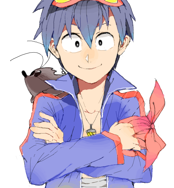 Safebooru Black Eyes Blue Hair Boota Crossed Arms Drawr Goggles 7050