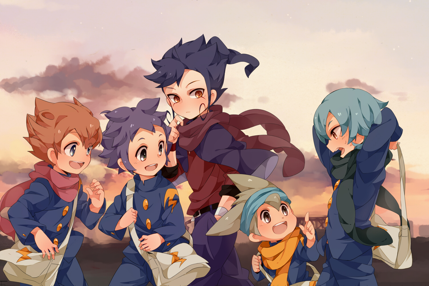 Safebooru - bag blue eyes blue hair brown hair gakuran green hair ...