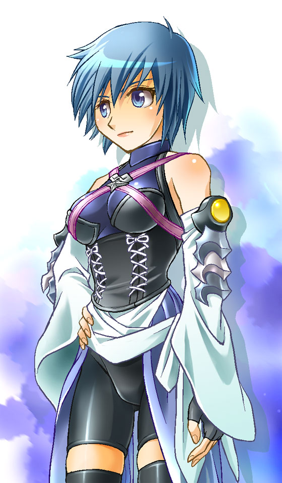 Safebooru - aqua (kingdom hearts) bare shoulders black legwear blue eyes blue hair detached ...