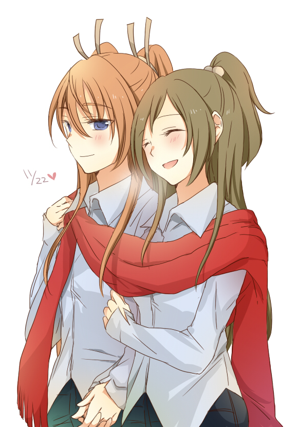 Safebooru - bad id blue eyes blush brown hair half updo hand holding ...