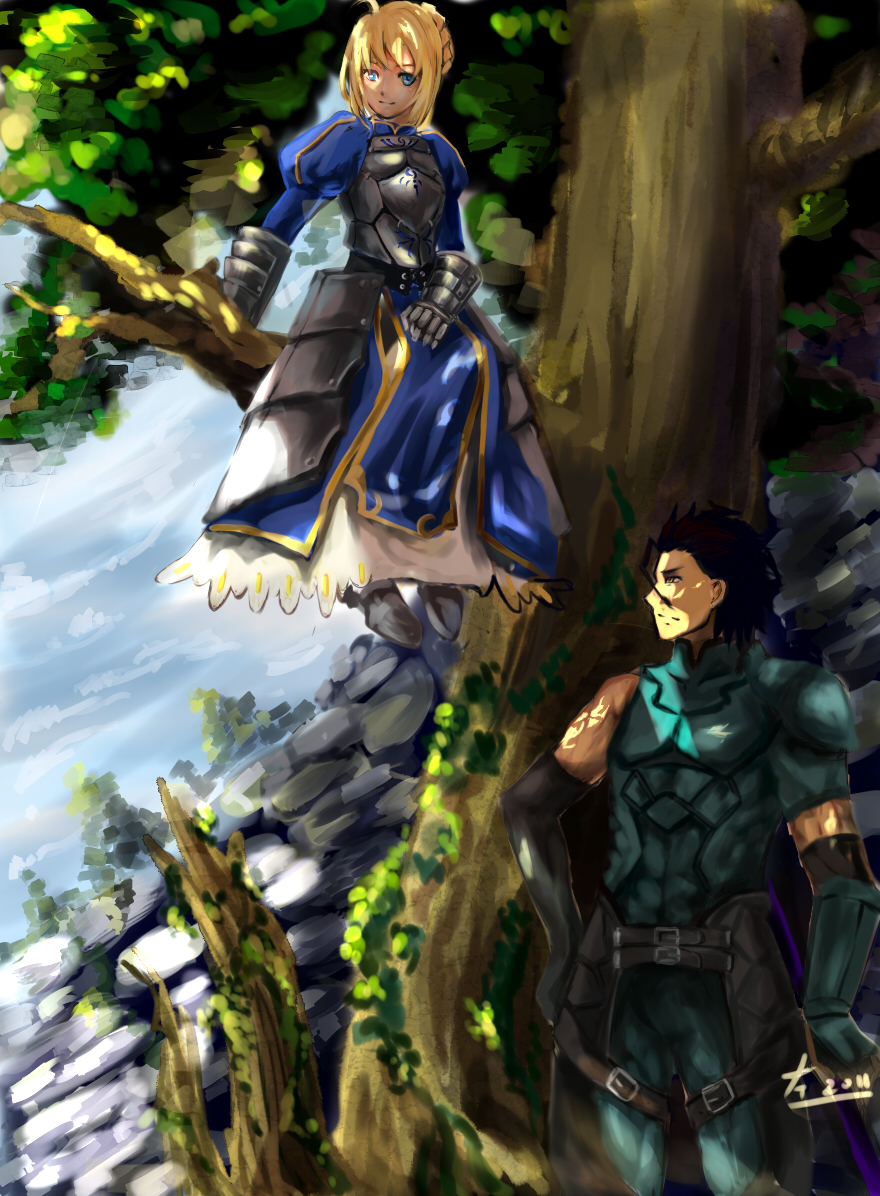 Safebooru - 1girl armor armored dress ayaka (kolumi) black hair blonde hair blue eyes dress fate ...