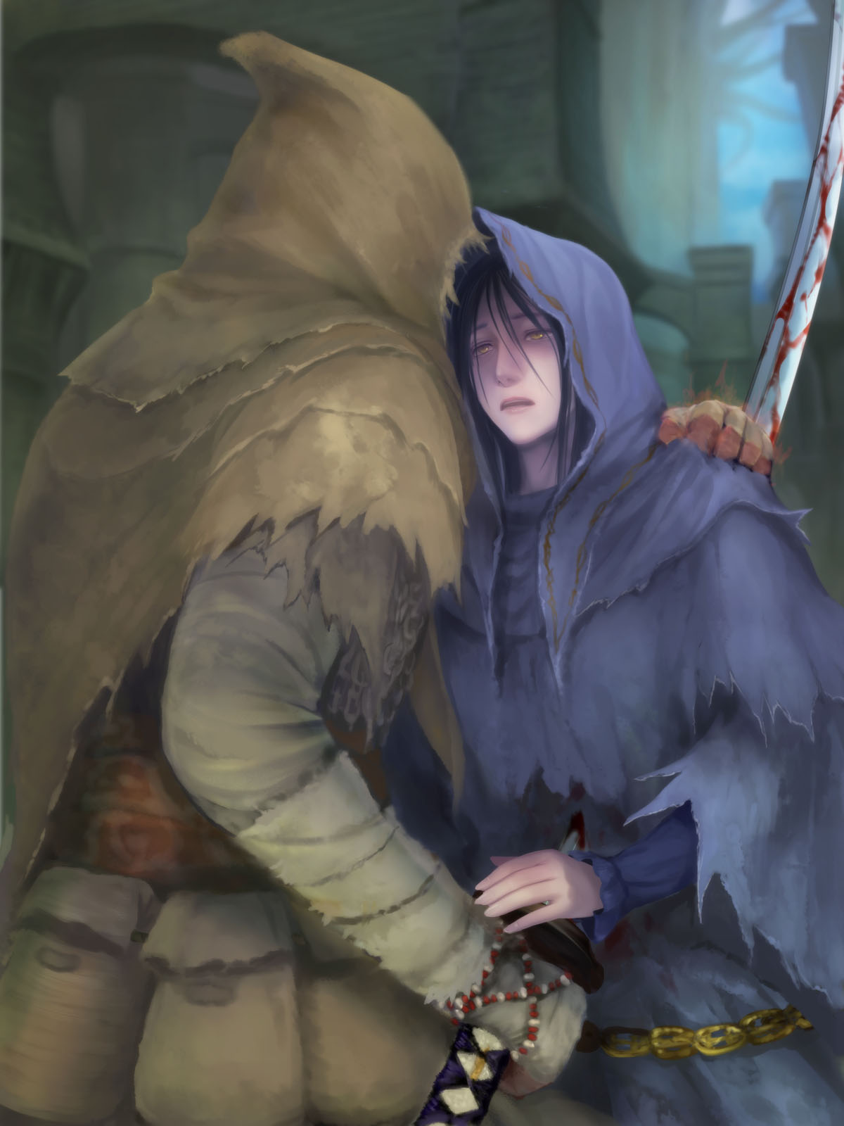 Safebooru - blood dark souls fire highres hood katana mutsuki (moonknives) quelaana of izalith ...