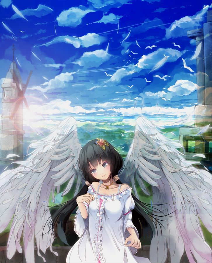 Safebooru - bird cloud dress flower hair flower hair ornament long hair ...