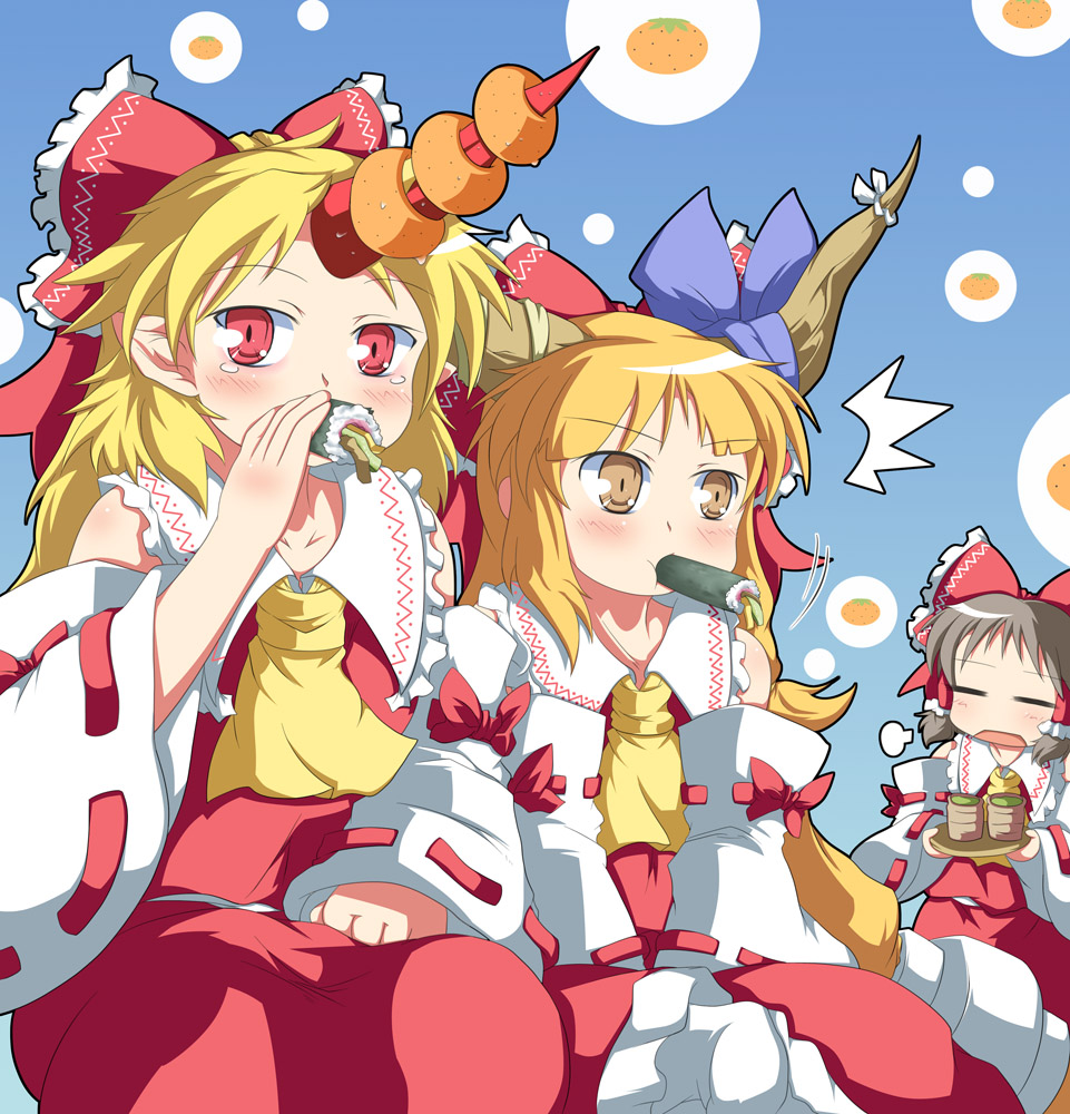 Safebooru - 3girls = = bad id blush cosplay detached sleeves eating ...