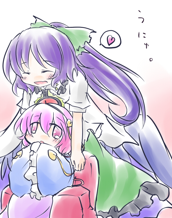 Safebooru - blue hair couch hair ribbon hairband heart hug hug from ...