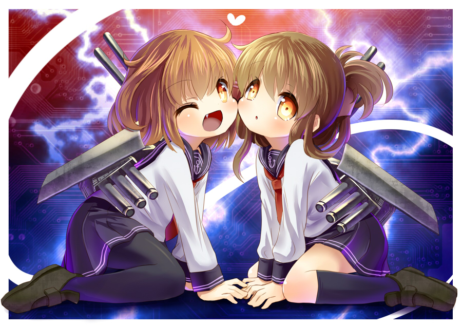 Safebooru - 2girls brown hair cannon fang hair up heart ikazuchi ...