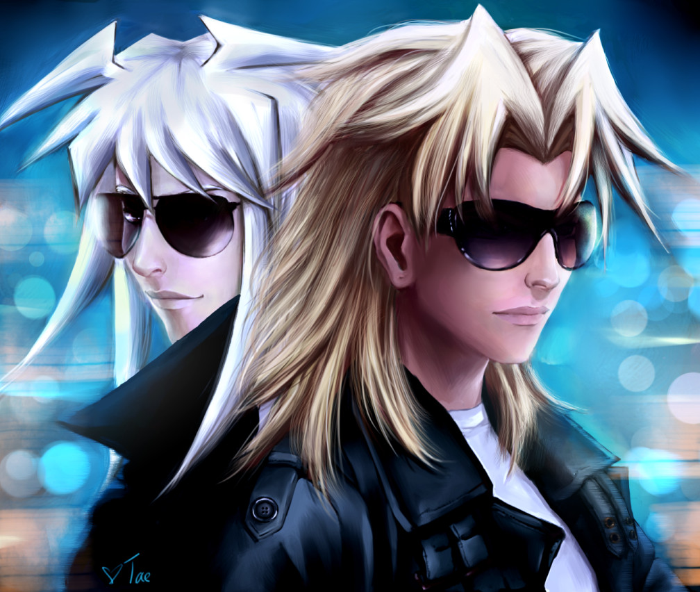Safebooru - back-to-back bakura ryou blonde hair jacket male marik ...