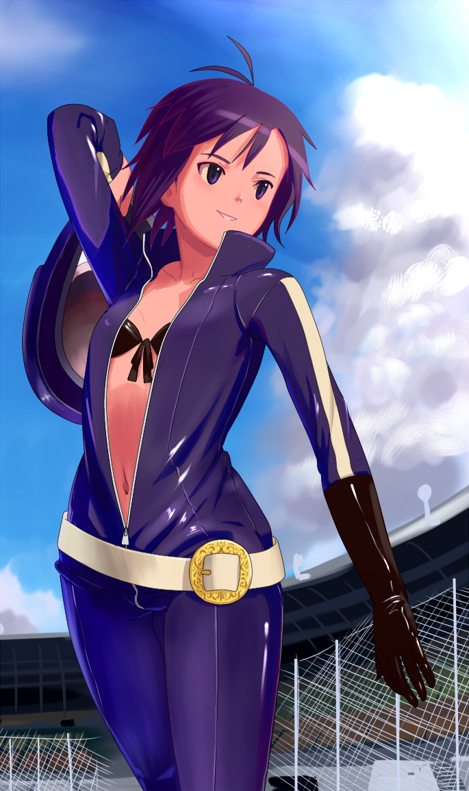 Safebooru - ahoge bikesuit bikini top black hair blue eyes fence flat chest gloves grin helmet ...