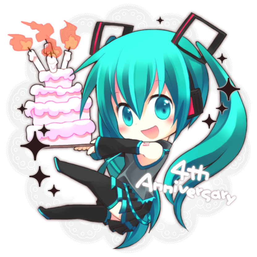 Safebooru - aqua eyes aqua hair birthday cake chibi detached sleeves ...