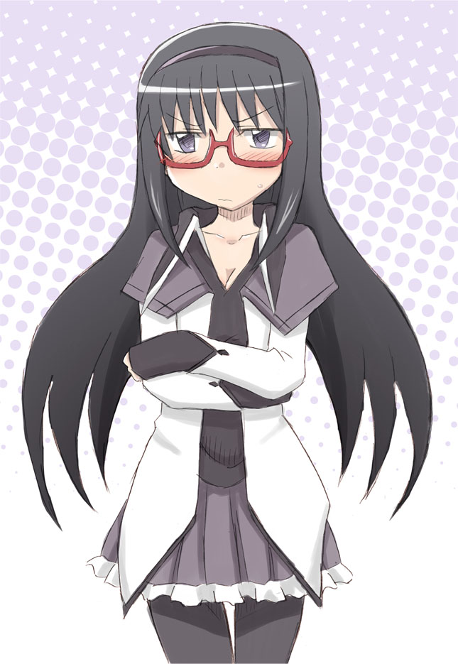 Safebooru - akemi homura black hair blush bust crossed arms glasses hairband long hair mahou ...