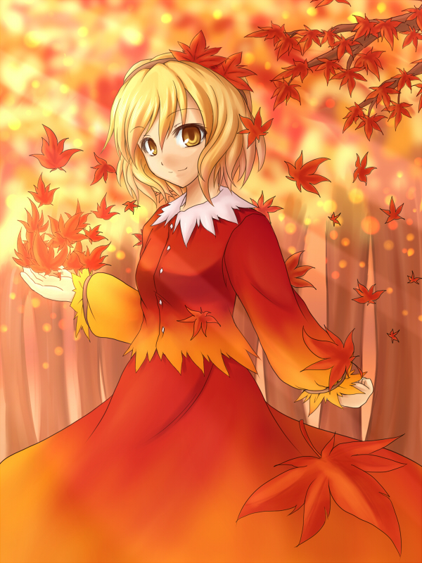 Safebooru - aki shizuha autumn autumn leaves blonde hair hair ornament leaf leaf on head light ...
