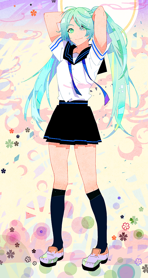 Safebooru - aqua eyes aqua hair armpits arms up bad id funpjinju hatsune miku kneehighs long ...