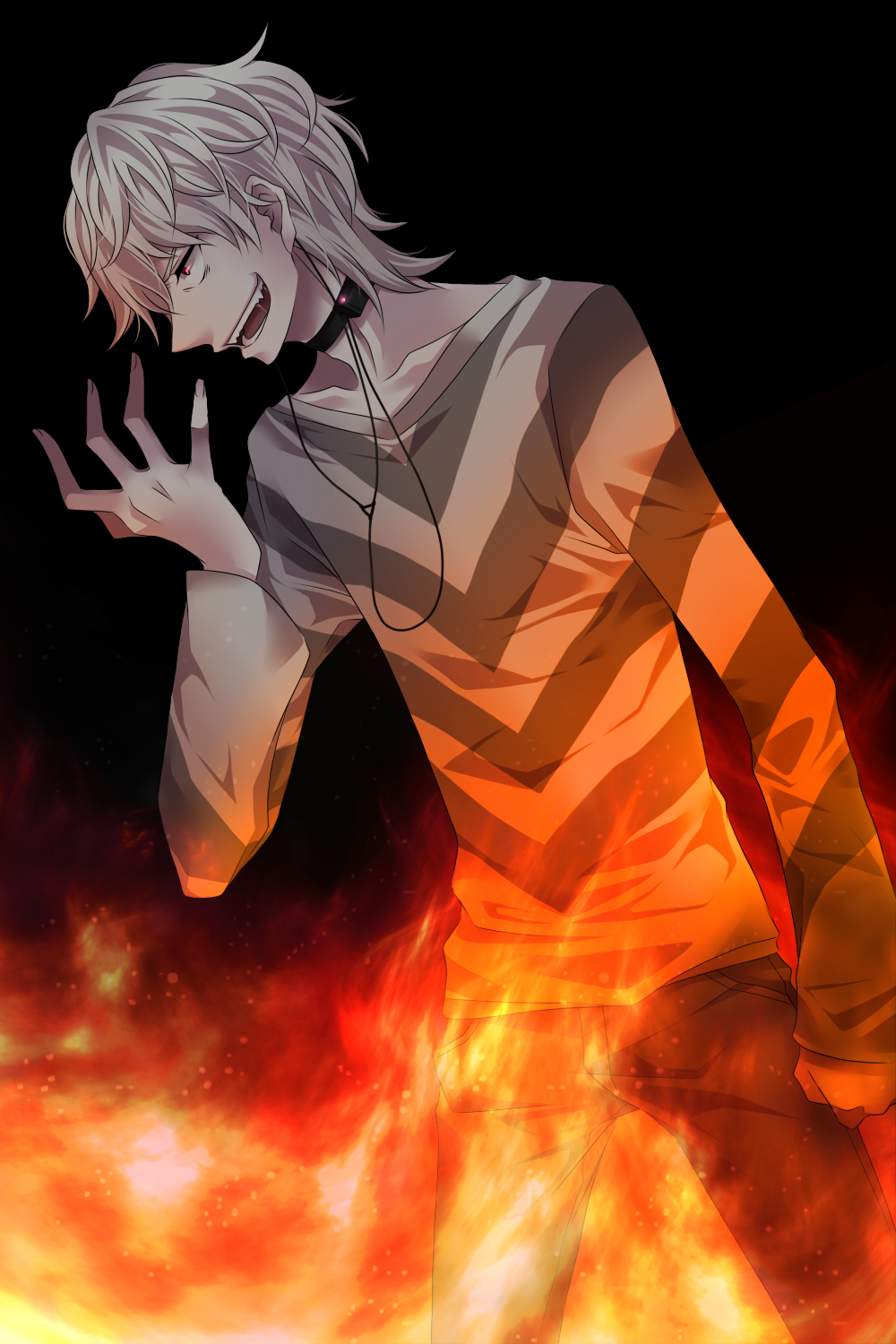 Safebooru - accelerator albino choker fire grin highres laughing male ...