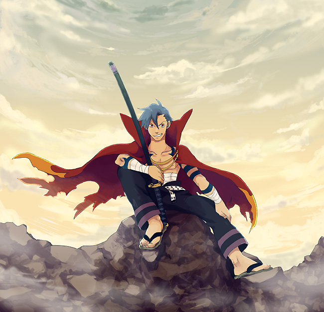 Safebooru - bandage bandages blue hair cape cloud kamina male red eyes ...