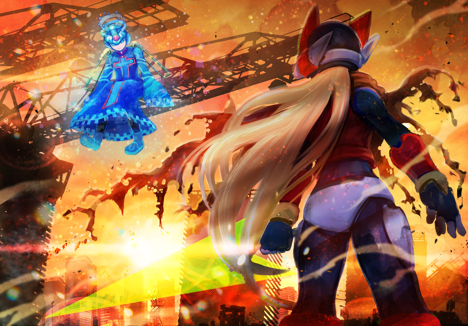 Safebooru - 2boys android armor battle damage blonde hair blue helmet ...