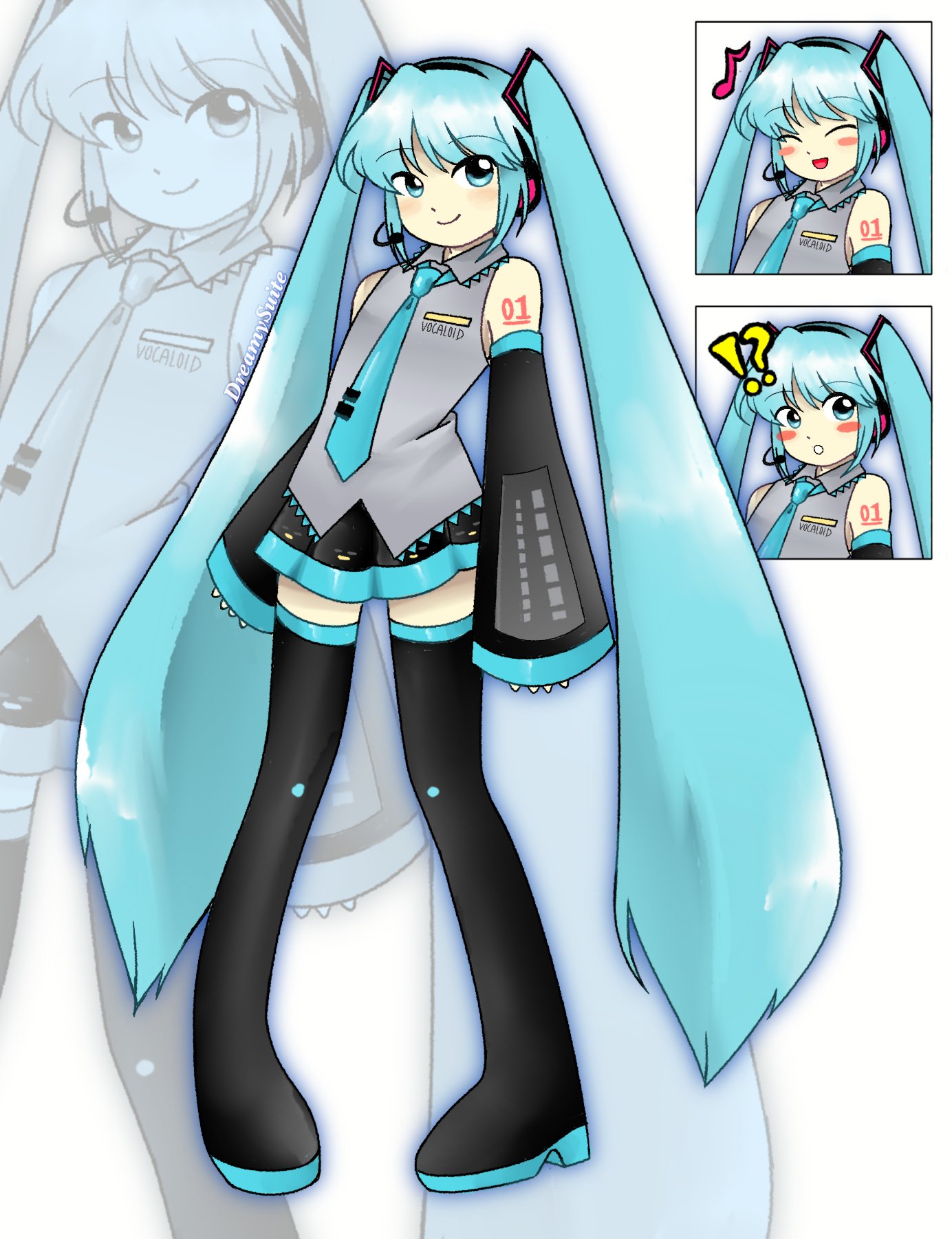 Safebooru - ! 1girl ? aqua eyes aqua hair aqua necktie artist name black footwear black sleeves ...
