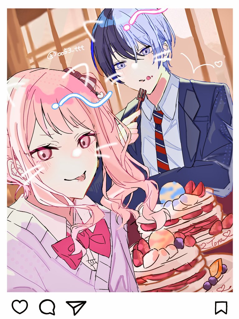 Safebooru - 1boy 1other :p akiyama mizuki aoyagi touya artist name black hair blazer blue hair ...