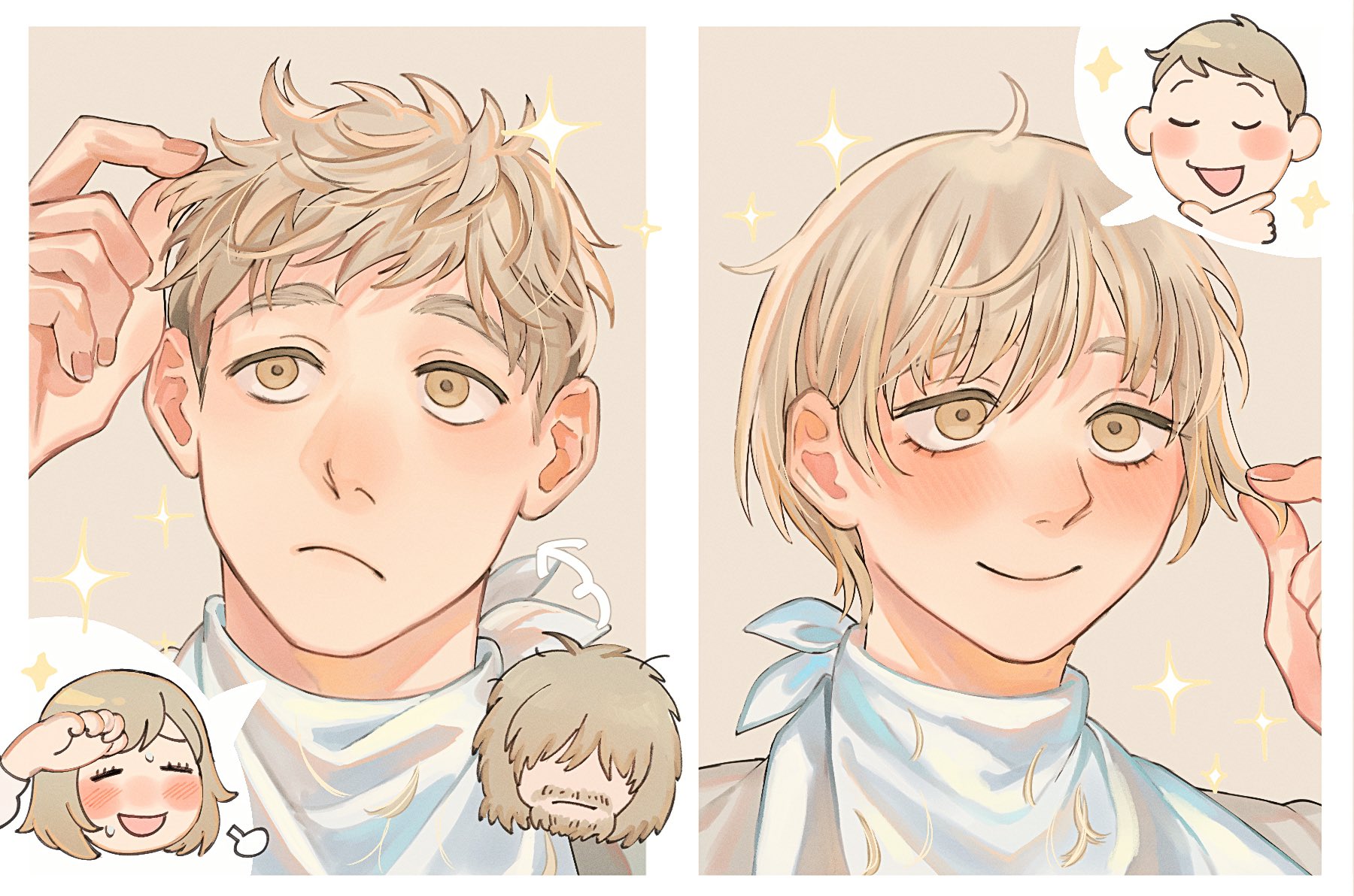 Safebooru - 1boy 1girl alt text barber cape beard blonde hair blush ...