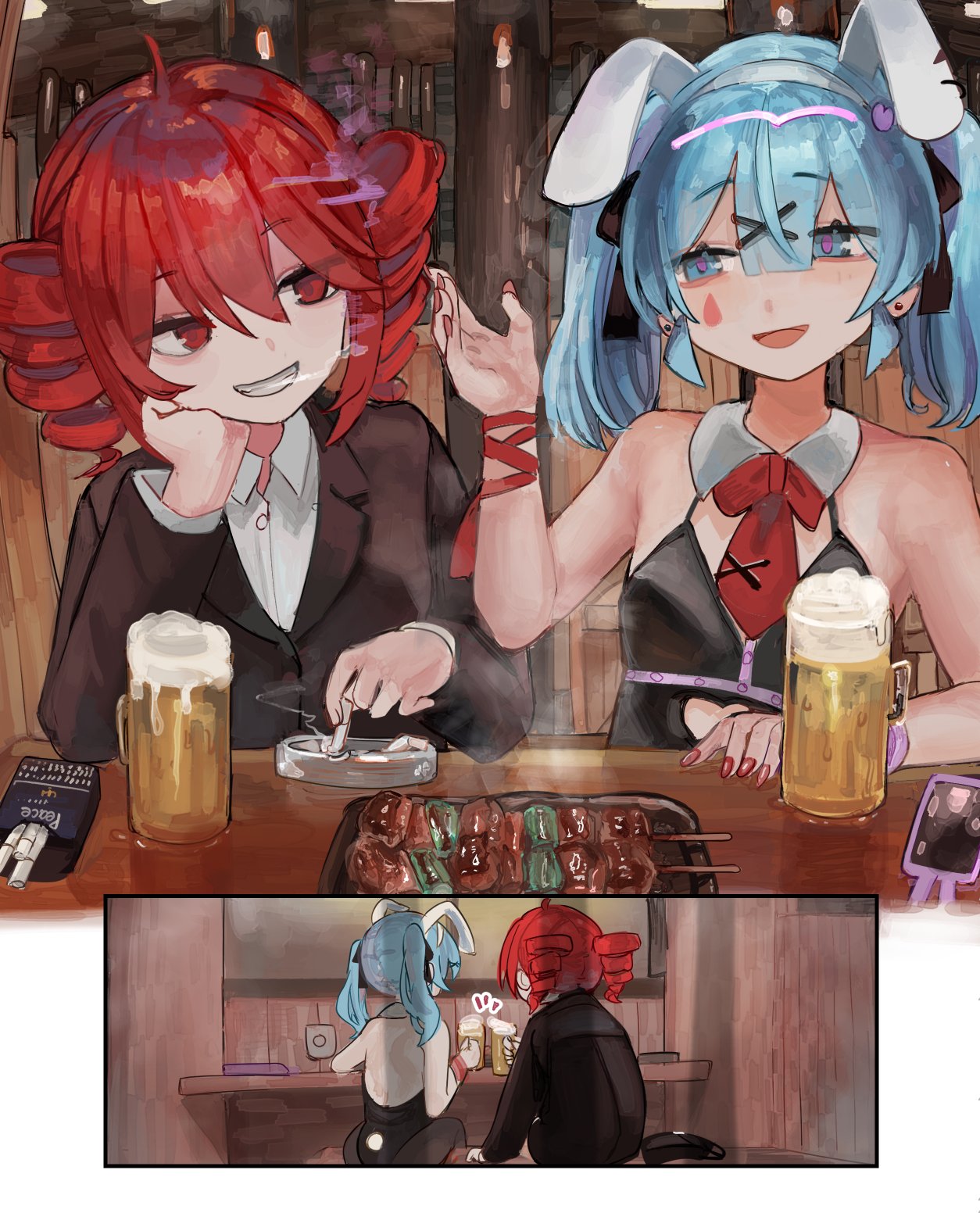 Safebooru - 2girls ahoge alcohol alternate costume animal ear hairband animal ears astray beer ...