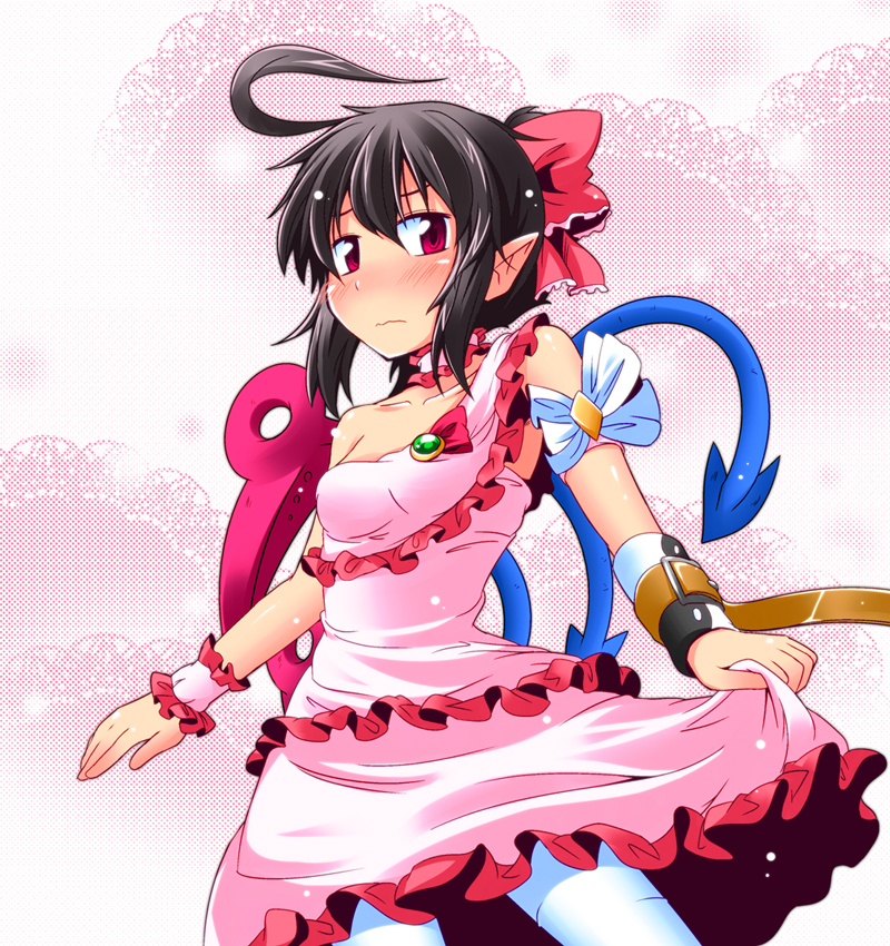 Safebooru - ahoge alternate costume asymmetrical wings bare shoulders belt black hair blush bow ...