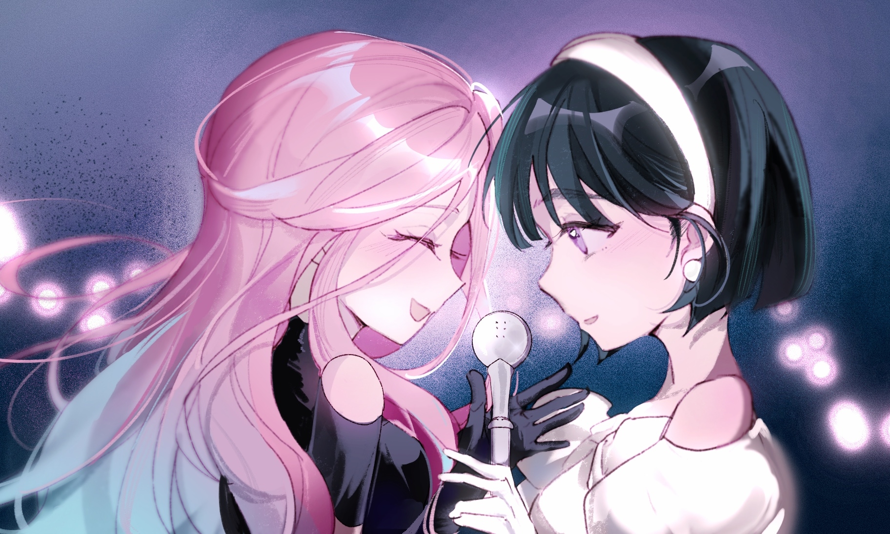 Safebooru - 2girls alien stage black gloves black hair black shirt chinese commentary closed ...