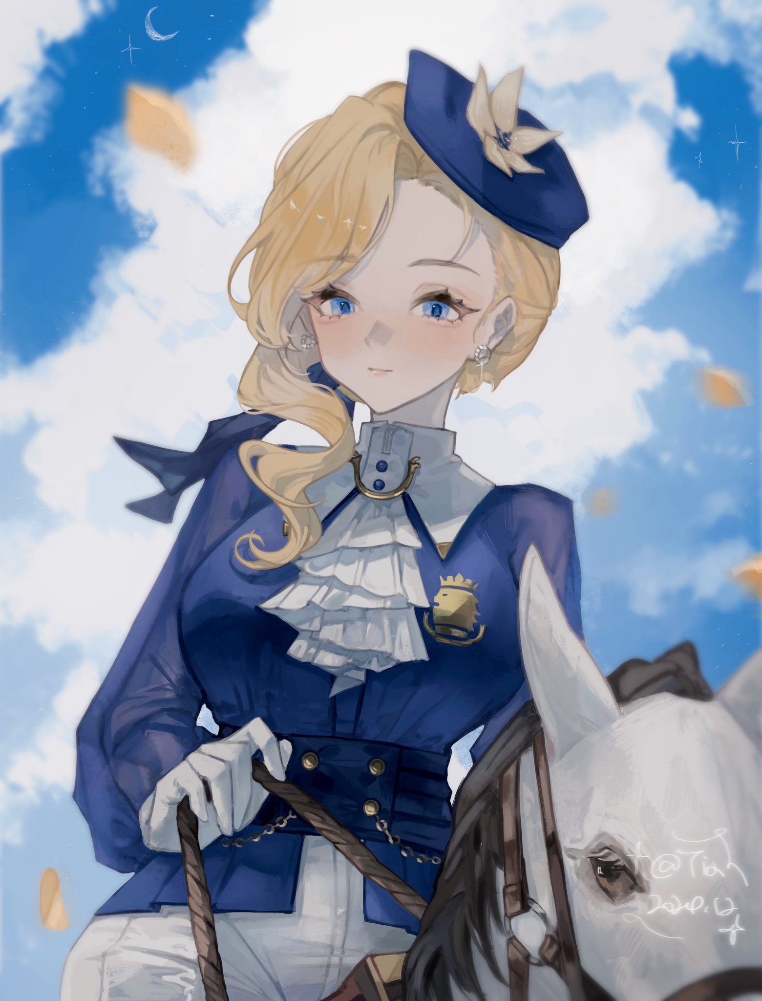 Safebooru - 1girl ascot azur lane blonde hair blue eyes blue hat blue shirt blue sky breasts ...
