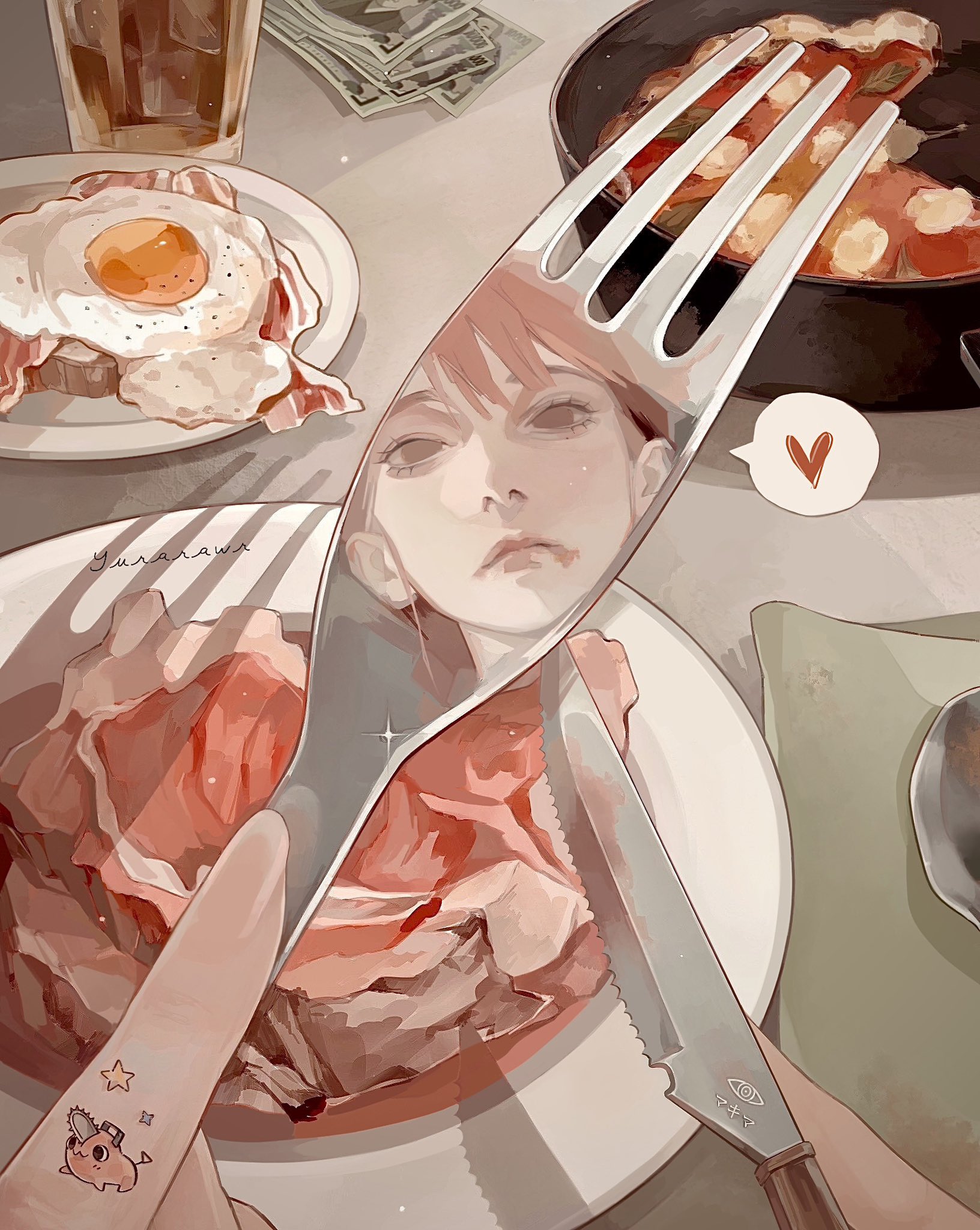 Safebooru - 1girl chainsaw man fork heart highres holding holding fork holding knife knife ...
