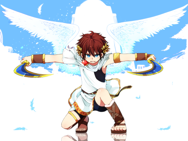 Safebooru - angel blue eyes brown hair kid icarus pit solo weapon wings | 778209