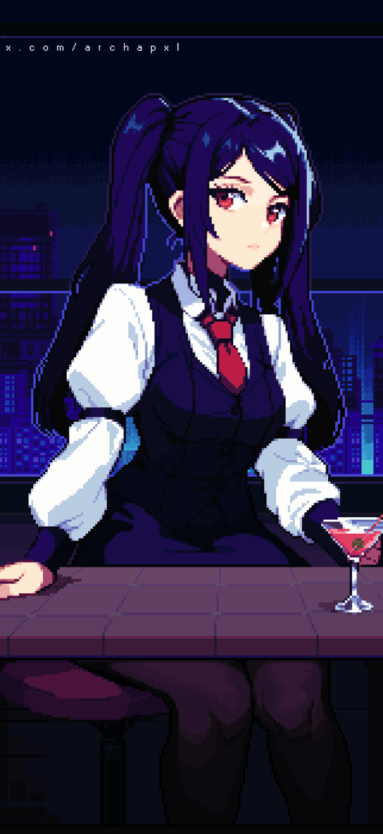 Safebooru - 1girl archapxl bartender breasts building censored cityscape closed mouth cocktail ...