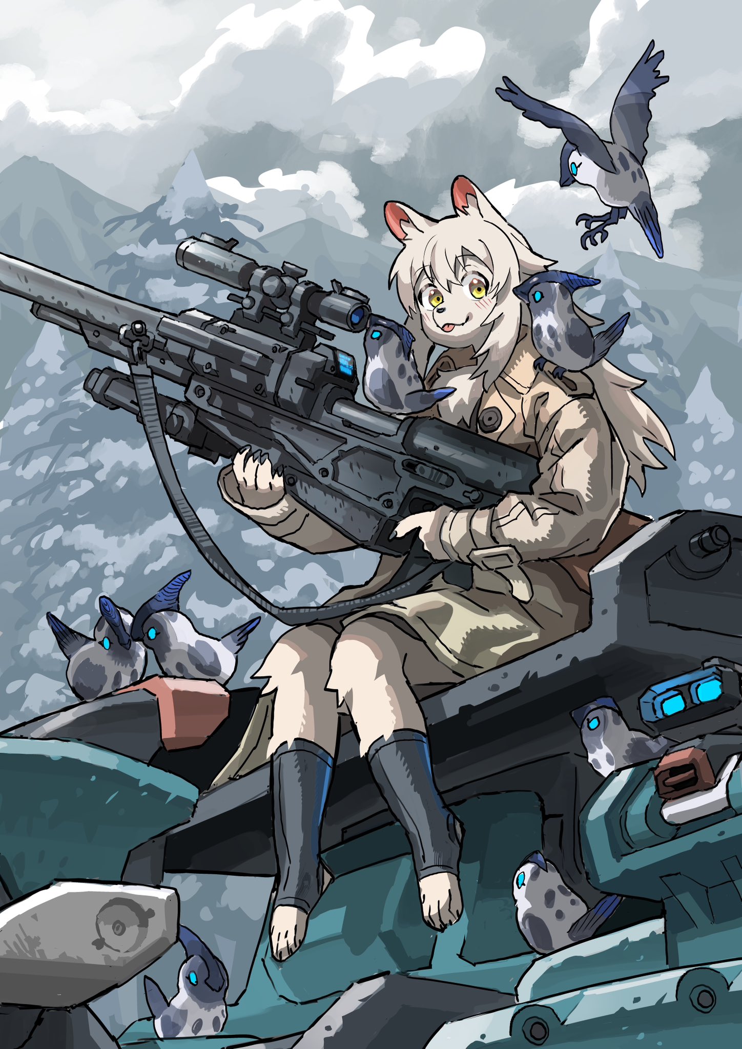 Safebooru - 1girl animal animal ears animal on shoulder bird bird on shoulder body fur boutarou ...