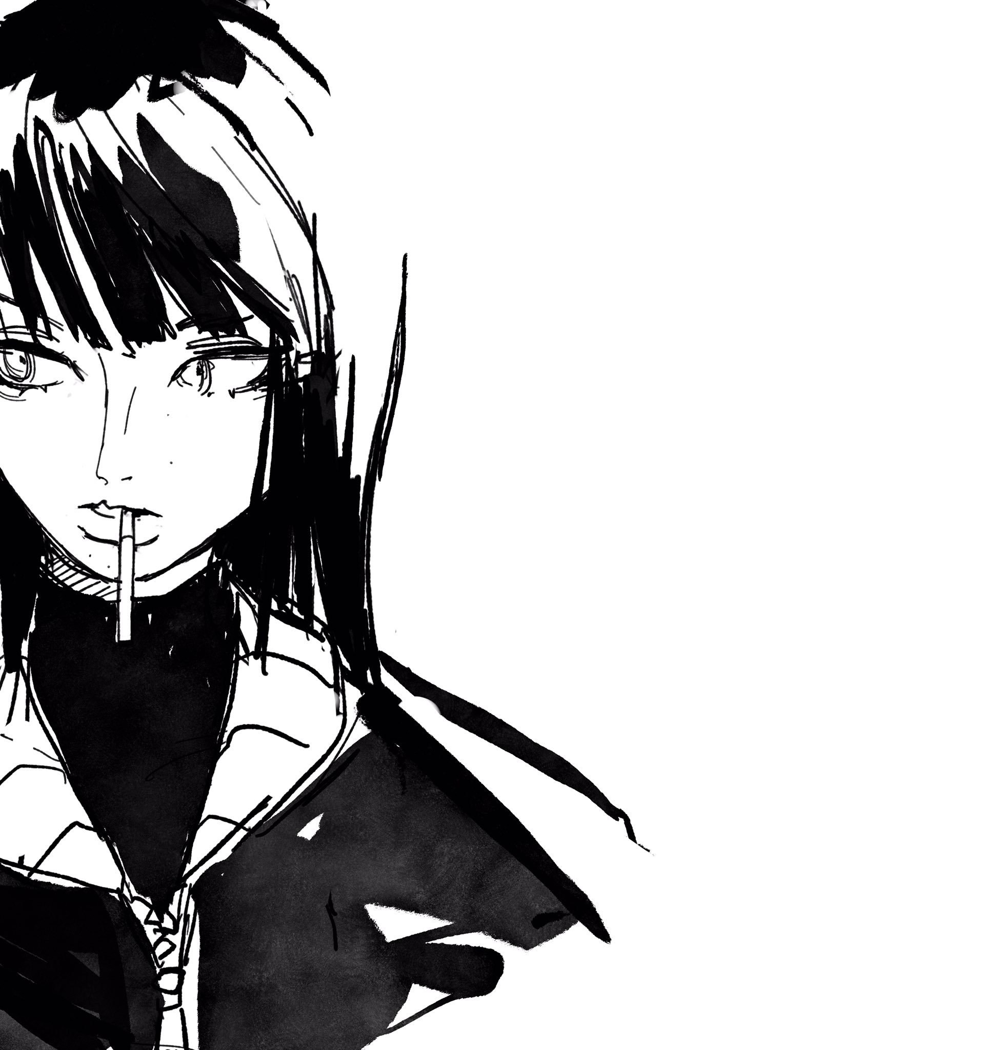 Safebooru - 1girl blunt bangs cigarette commentary edpan english commentary greyscale highres ...