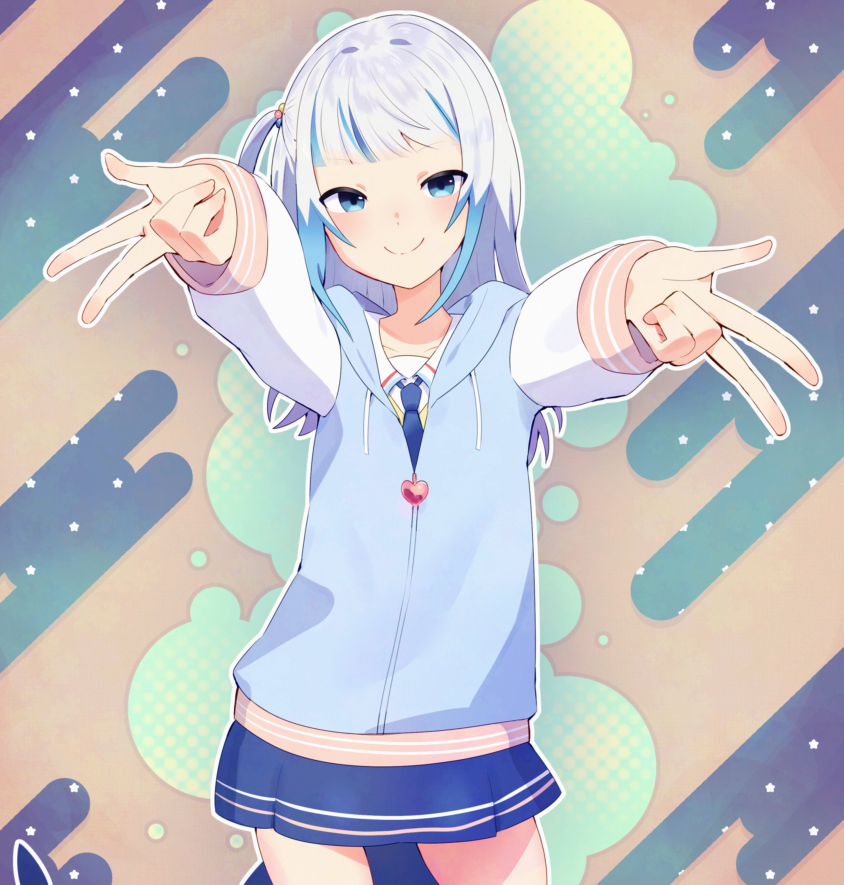 Safebooru - 1girl absurdres blue hair blue hoodie blue necktie blue skirt blunt bangs commentary ...
